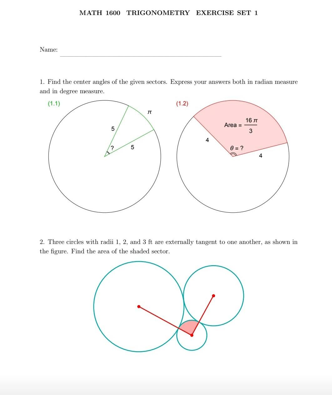 Solved MATH 1600 TRIGONOMETRY EXERCISE SET 1 Name: 1. Find | Chegg.com