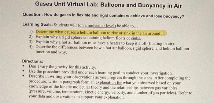 Gases Unit Virtual Lab: Balloons and Buoyancy in Air | Chegg.com