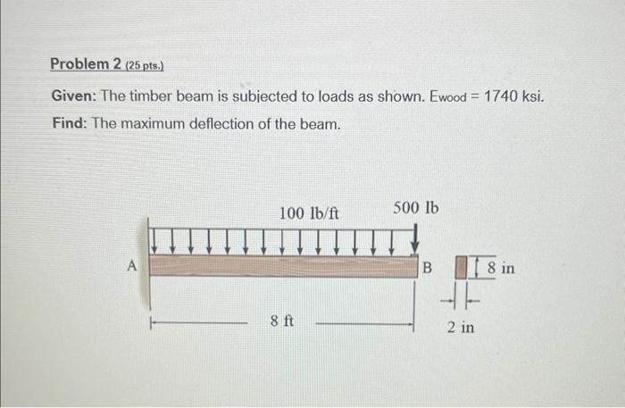 Solved Problem 2 (25 pts.) Given: The timber beam is | Chegg.com