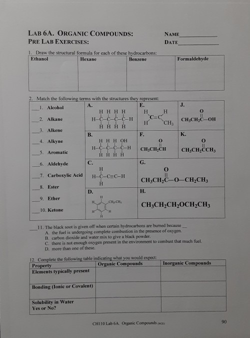 Solved LAB 6A. ORGANIC COMPOUNDS: PRE LAB EXERCISES: NAME | Chegg.com