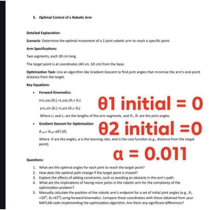 Solved Optimal Control of a Robotic ArmDetailed | Chegg.com
