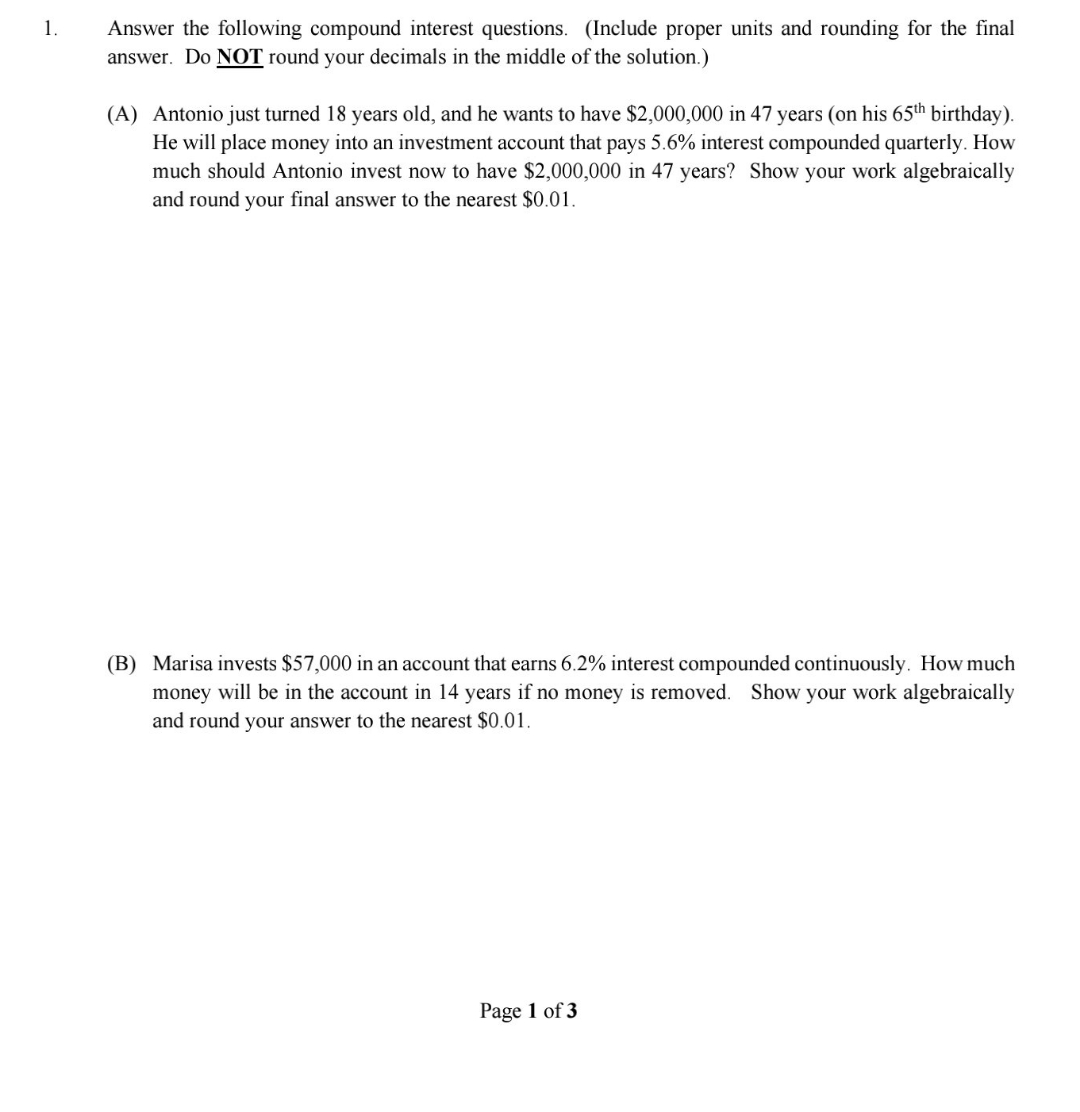 Solved Answer the following compound interest questions. | Chegg.com