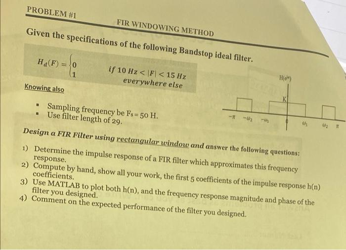 Solved PROBLEM #1 FIR WINDOWING METHOD Given the | Chegg.com
