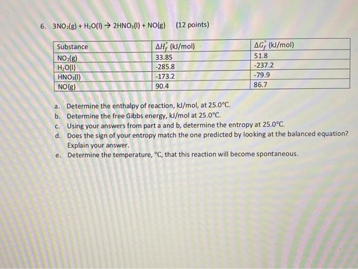 Solved 6. 3NO2(g) + H2O(l) → 2HNO3(U) + NO(g) (12 points) | Chegg.com