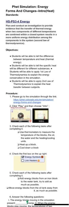 Phet Simulation: Energy Forms And | Chegg.com