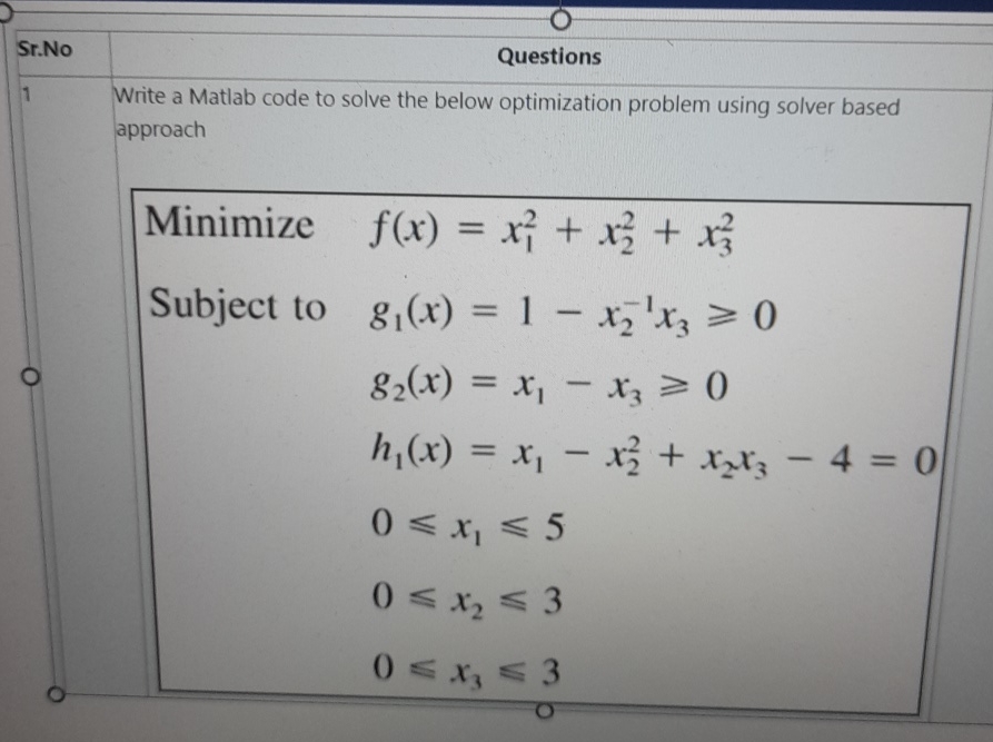 Solved Sr.No1Write a Matlab code to solve the below | Chegg.com