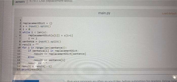 Solved ACTIVITY b. LAB. Replacement words main.py Load | Chegg.com