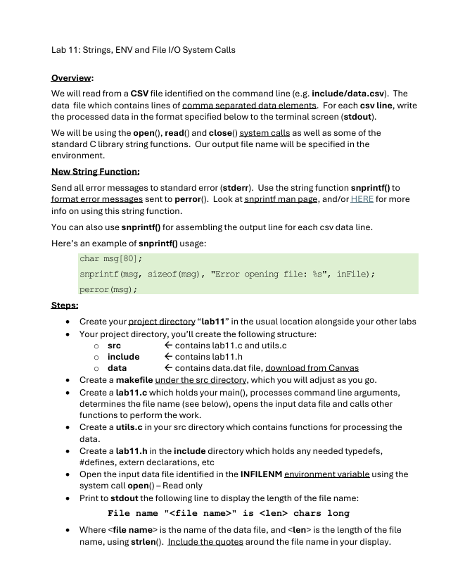 Solved Lab 11: Strings, ENV and File I/O System | Chegg.com