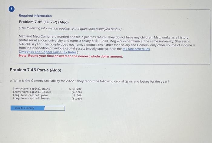 Solved Required information Problem 7.45 (LO 7-2) (Algo) | Chegg.com