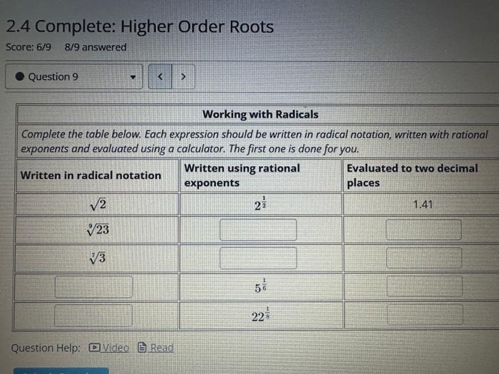 Solved 2.4 Complete: Higher Order Roots Score: 6/98/9 | Chegg.com