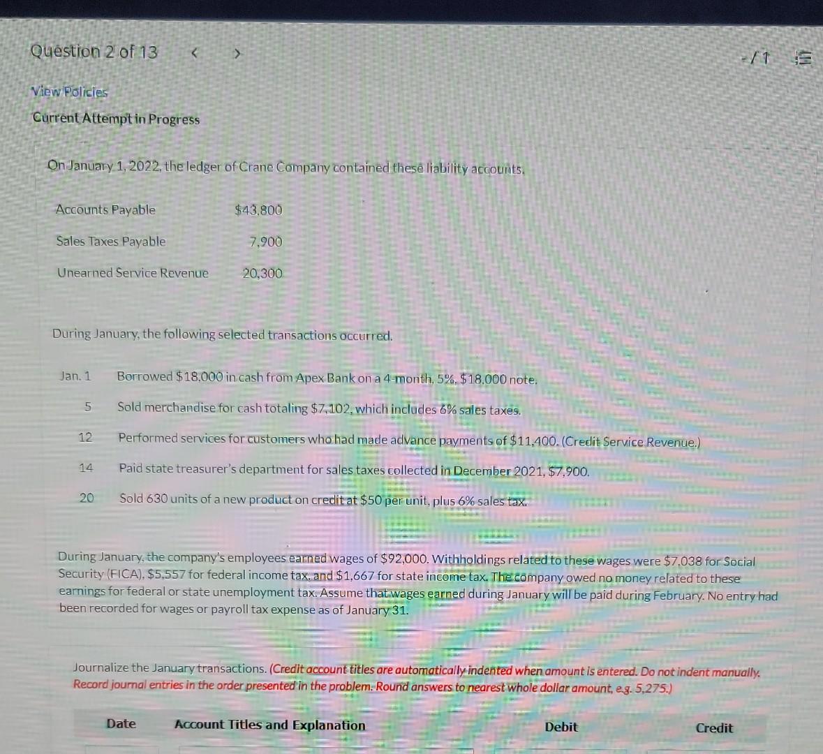 Question 2 of 13 -71 View Policies Current Attempt in | Chegg.com