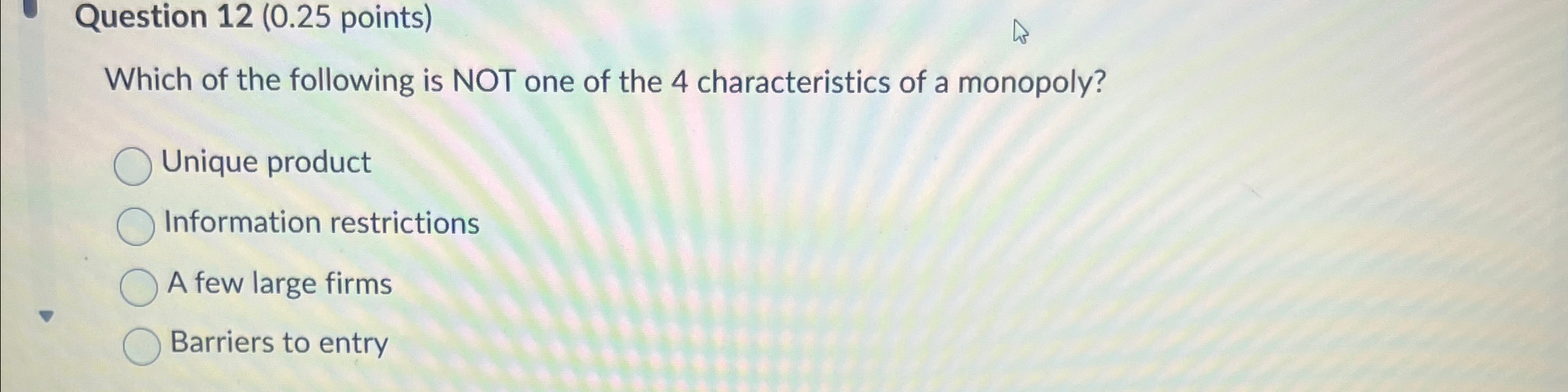 Solved Question 12 (0.25 ﻿points)Which of the following is | Chegg.com