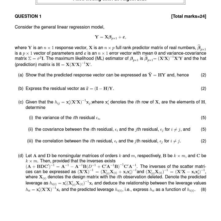 Solved Consider the general linear regression model, | Chegg.com