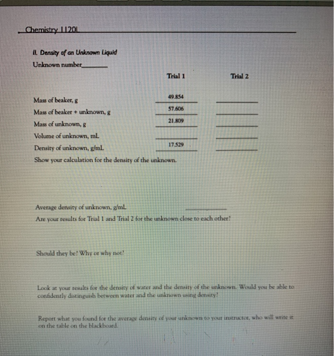 Chemistry 11 201 Il Density of an Unknown Liquid | Chegg.com