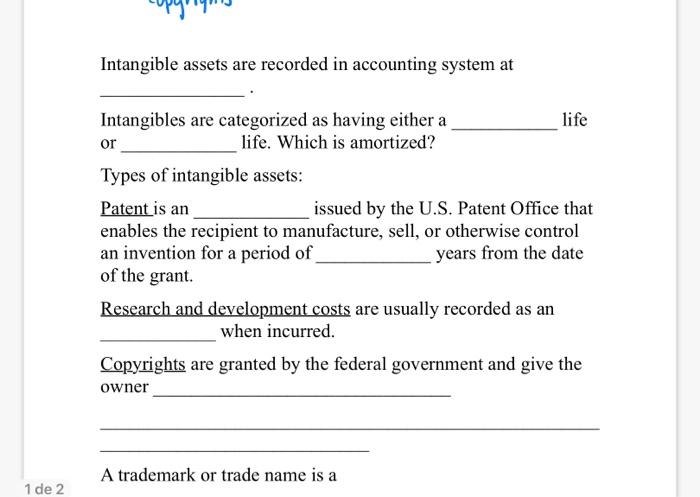 Solved Intangible assets are recorded in accounting system | Chegg.com