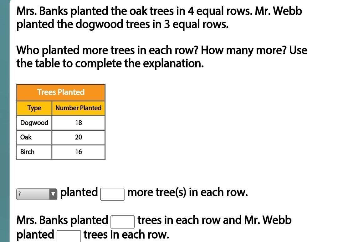 Solved Mrs. ﻿Banks planted the oak trees in 4 ﻿equal rows. | Chegg.com