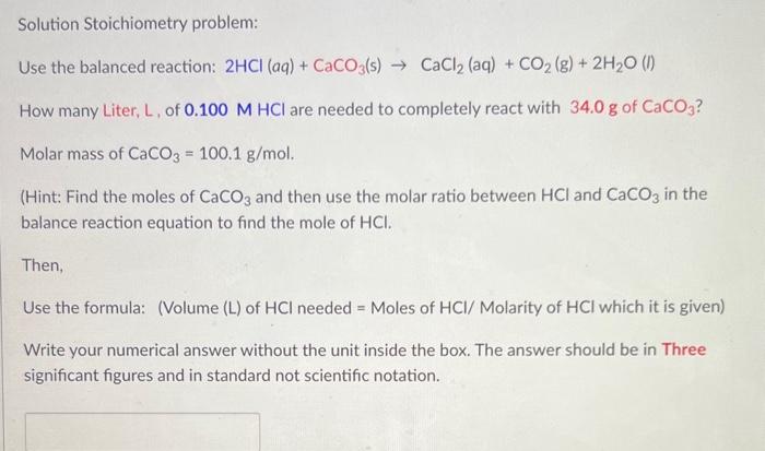 Solved Solution Stoichiometry problem: Use the balanced | Chegg.com