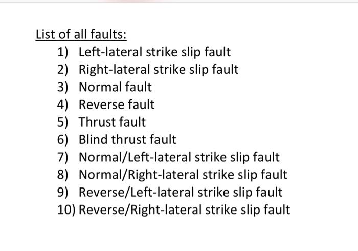 Solved List of all faults: 1) Left-lateral strike slip fault | Chegg.com