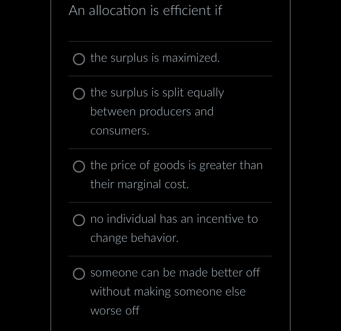Solved An allocation is efficient ifthe surplus is | Chegg.com