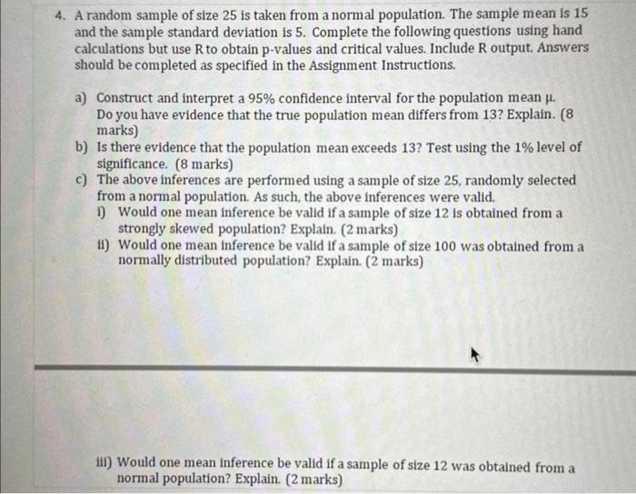 Solved 4. A random sample of size 25 is taken from a normal | Chegg.com