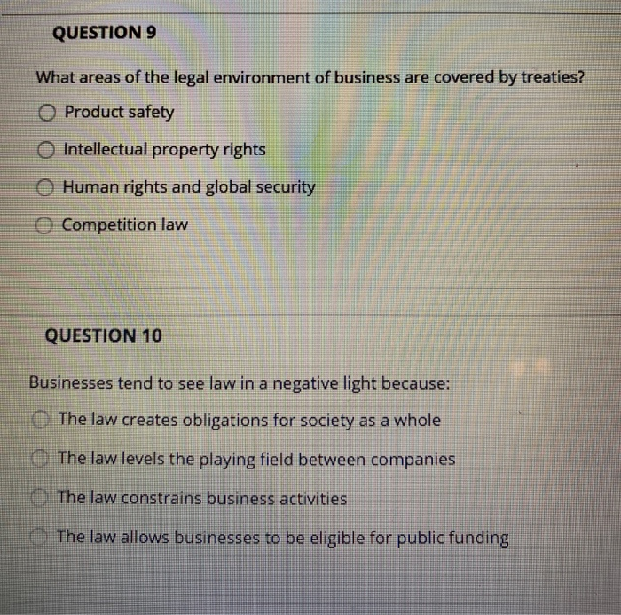 Solved QUESTION 9 What areas of the legal environment of | Chegg.com