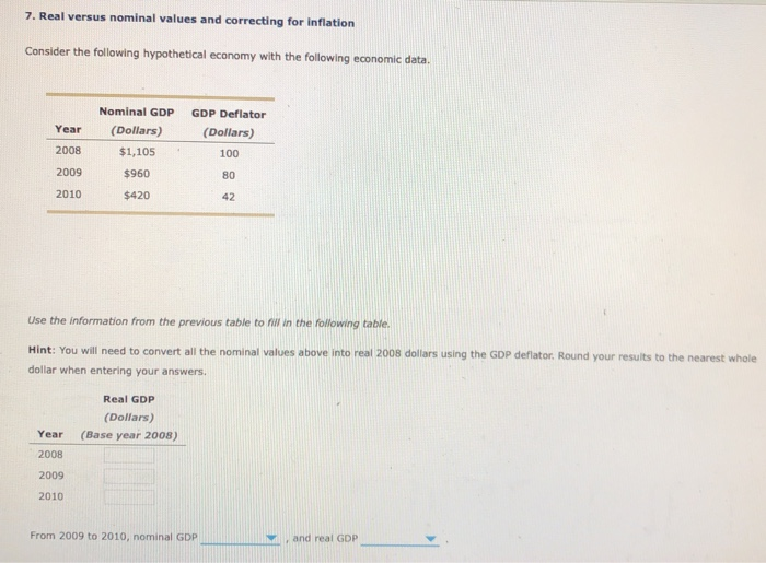 Solved 7. Real versus nominal values and correcting for | Chegg.com