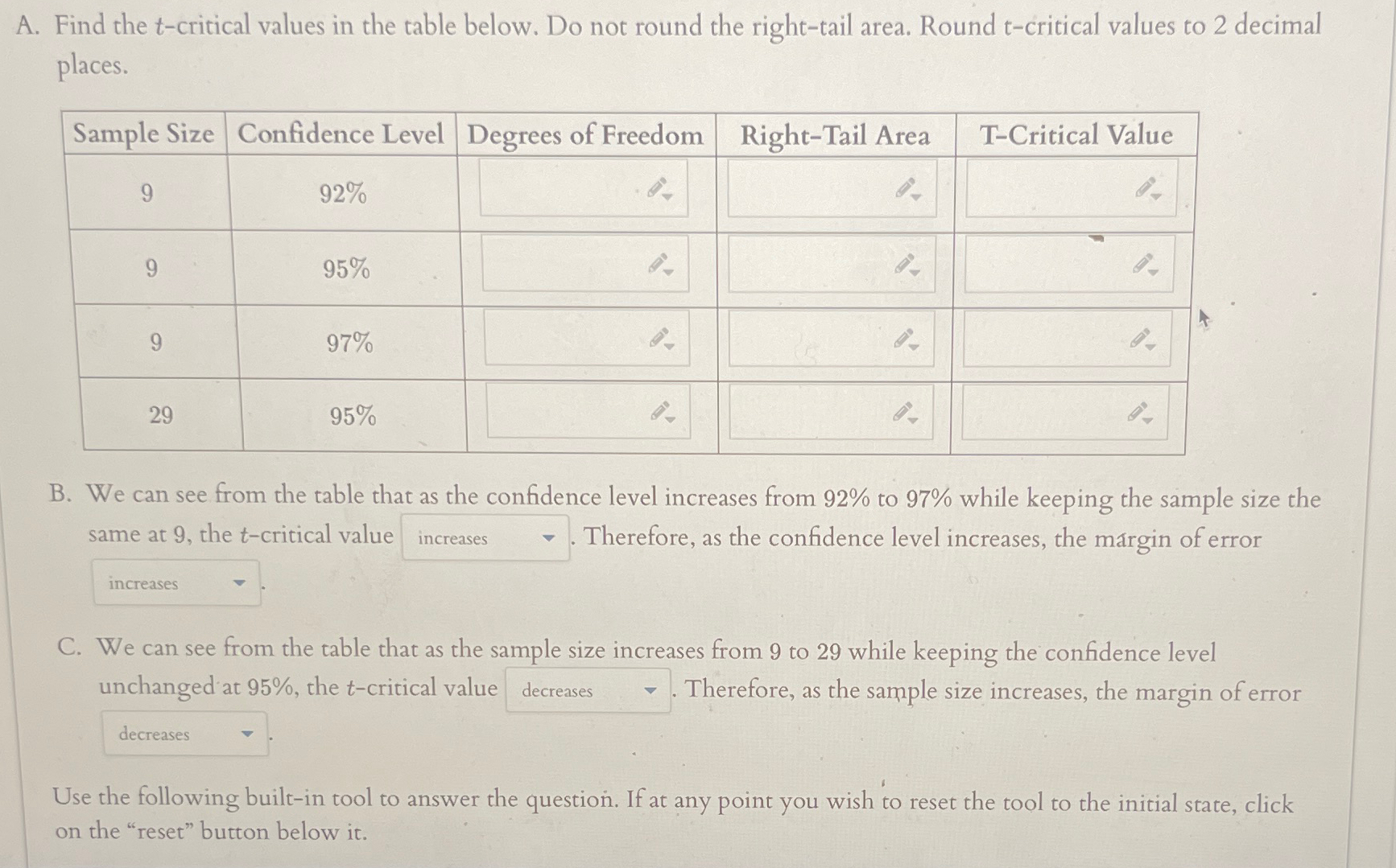 Solved A. ﻿Find the t-critical values in the table below. Do | Chegg.com