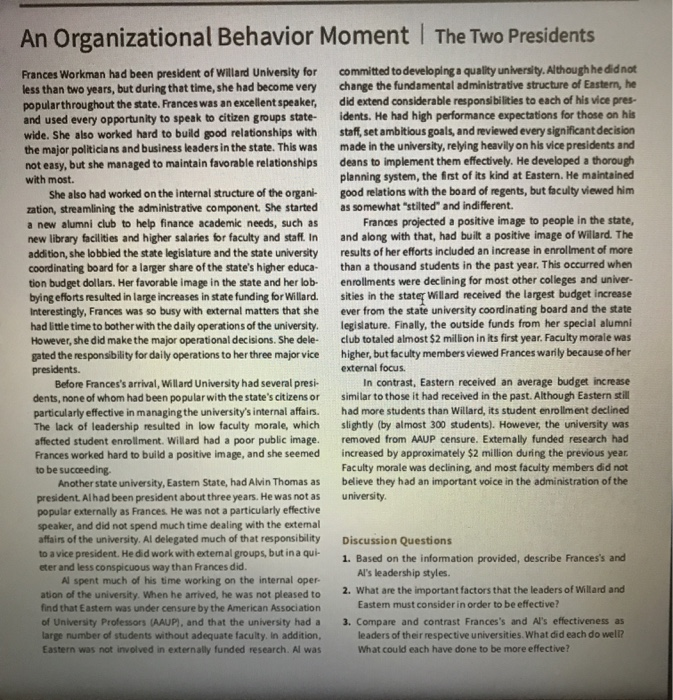 Solved An Organizational Behavior Moment | The Two | Chegg.com