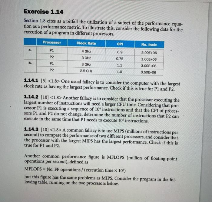 Solved 1.14.6 [10] Find the performance for the | Chegg.com