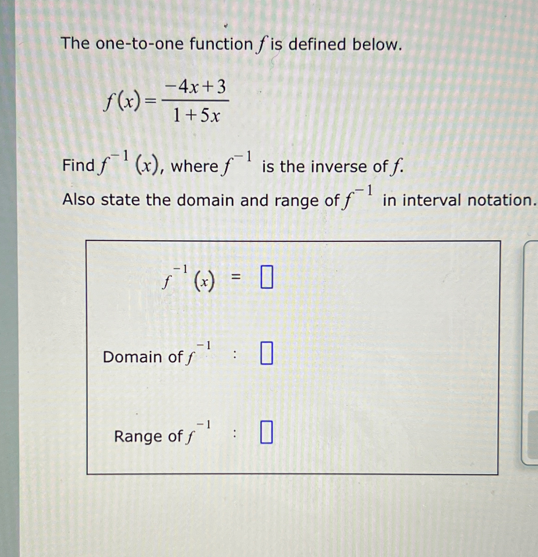 Solved The one-to-one function f ﻿is defined | Chegg.com