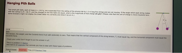 Solved Hanging Pith Balls Two small pith balls, each of mass | Chegg.com