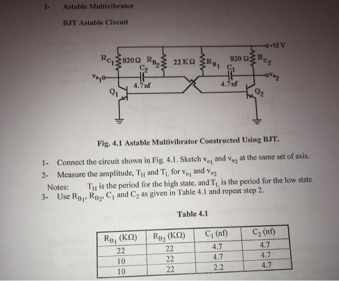 Solved 1- Astable Multivibrator BJT Astable Cireuit 0 12V RC | Chegg.com
