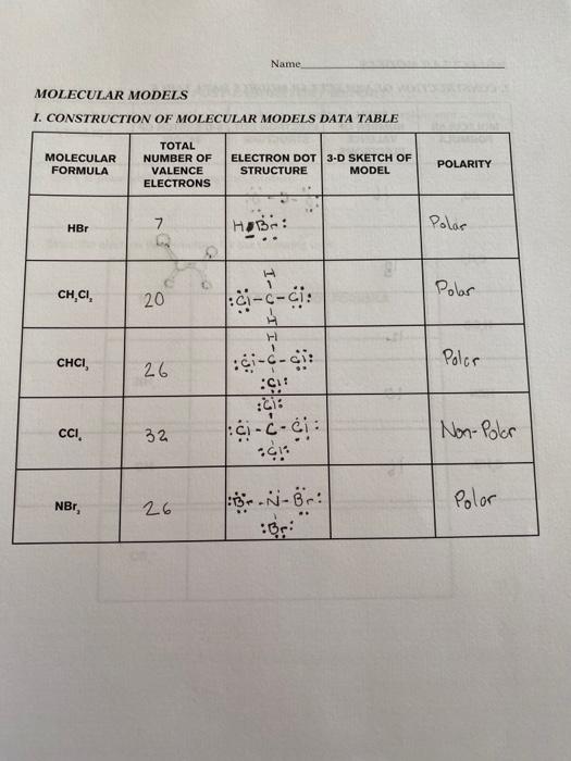 Solved Name MOLECULAR MODELS I. CONSTRUCTION OF MOLECULAR | Chegg.com