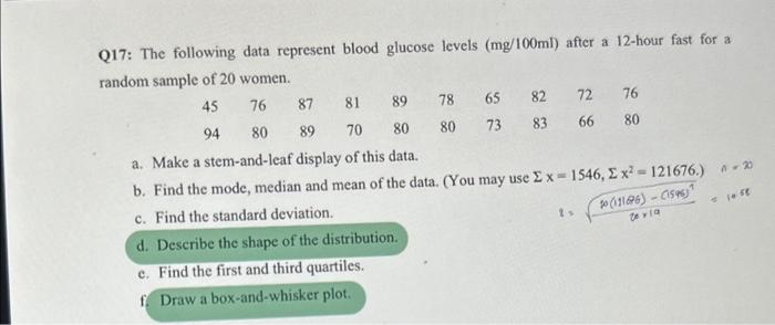 Solved Q17: The following data represent blood glucose | Chegg.com