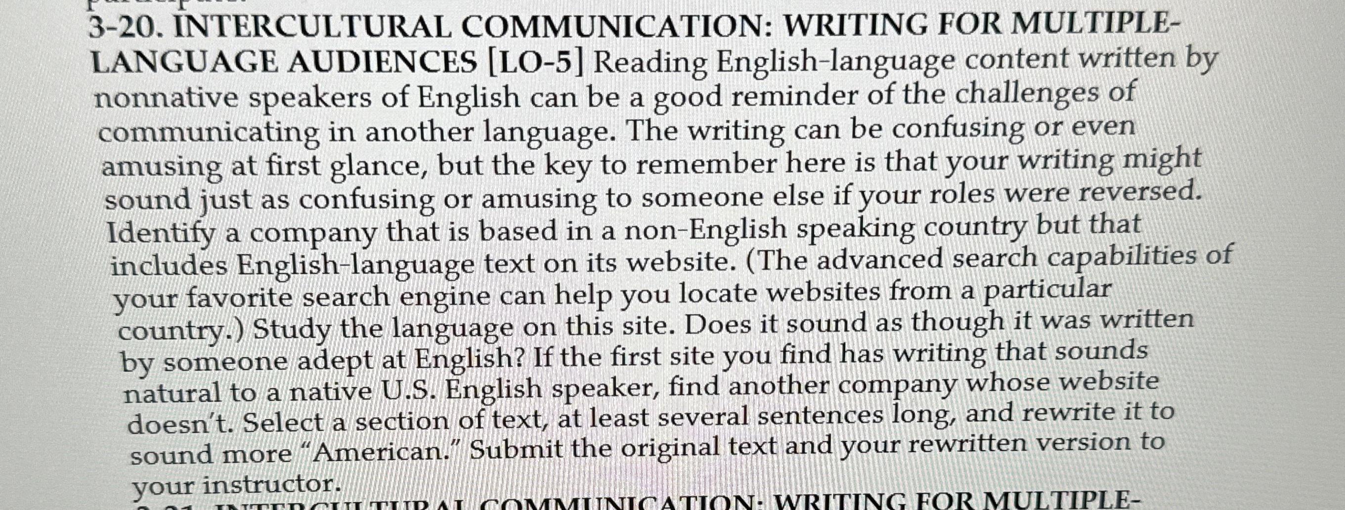 3-20. ﻿INTERCULTURAL COMMUNICATION: WRITING FOR | Chegg.com