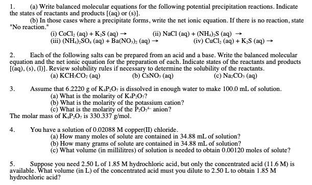 Solved 1. (a) Write balanced molecular equations for the | Chegg.com
