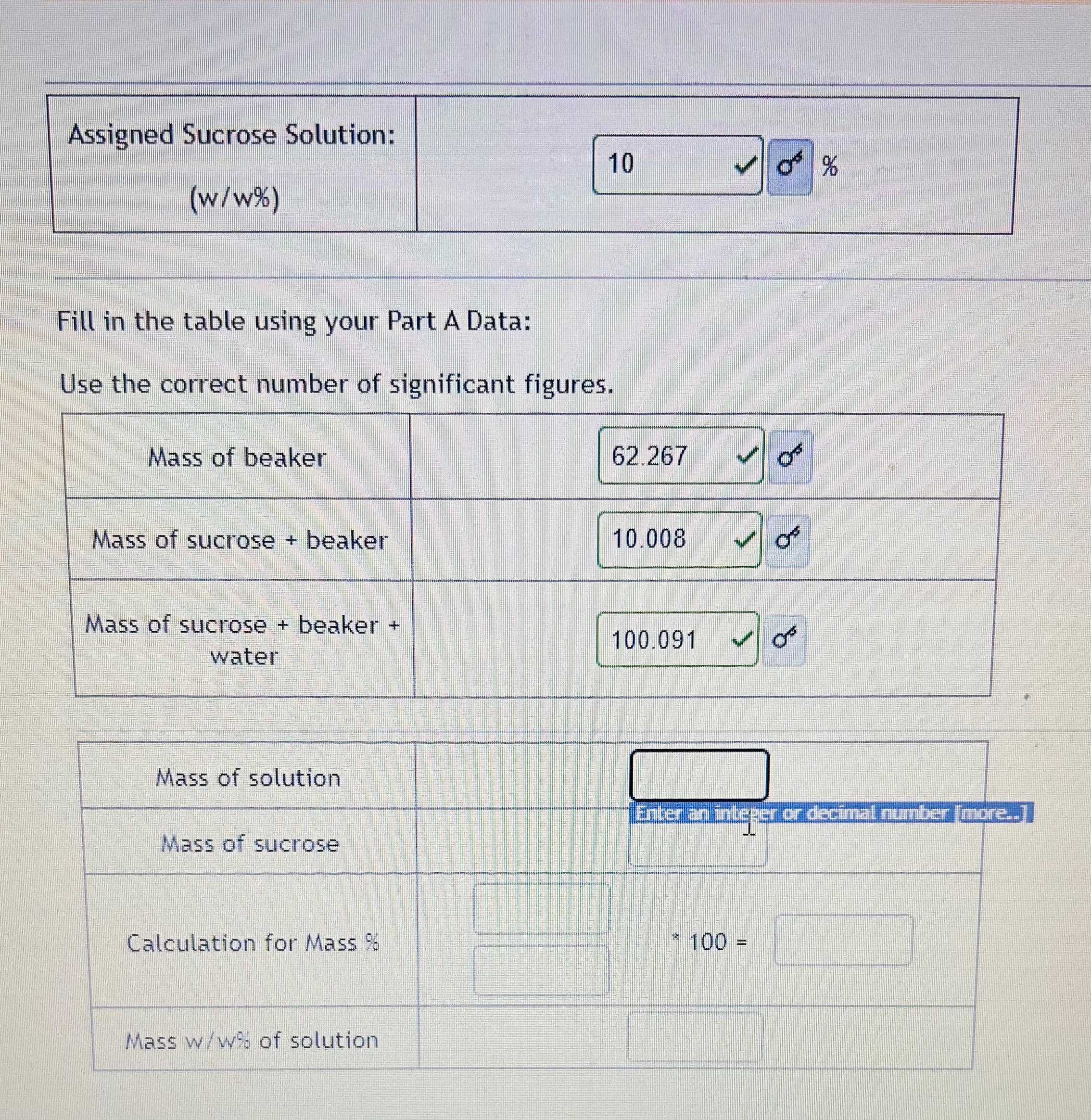 Assigned Sucrose Solution:(ww%)Fill in the table | Chegg.com