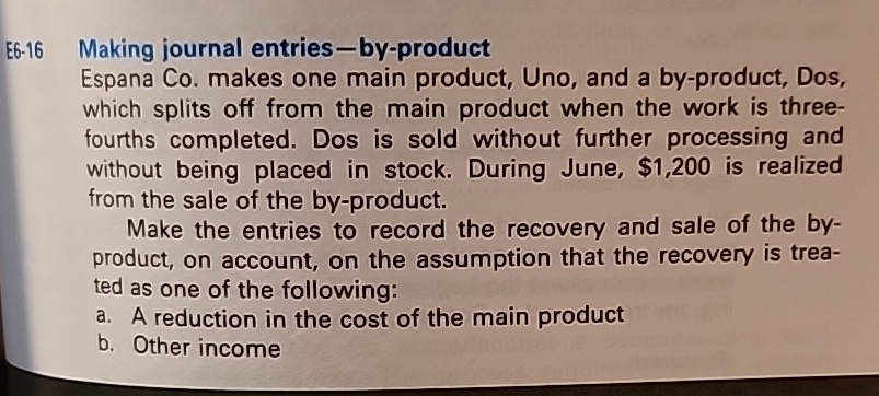Solved E6-16 ﻿Making journal entries-by-productEspana Co. | Chegg.com