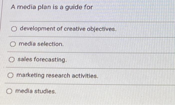 A media plan is a guide for development of creative | Chegg.com
