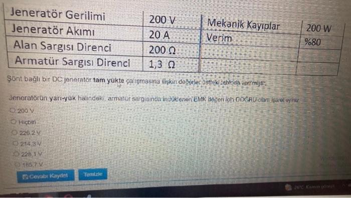 Solved Generator Voltage= 200VGenerator Current= 20Afield | Chegg.com