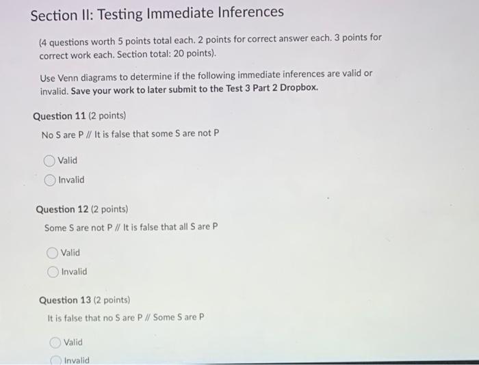 Section II: Testing Immediate Inferences (4 questions | Chegg.com