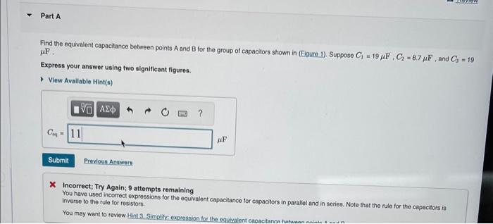 [Solved]: Find the equivalent capacitance between points A