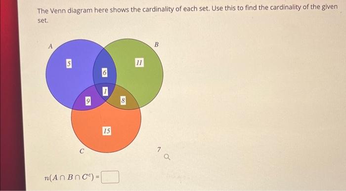 Solved The Venn diagram here shows the cardinality of each | Chegg.com