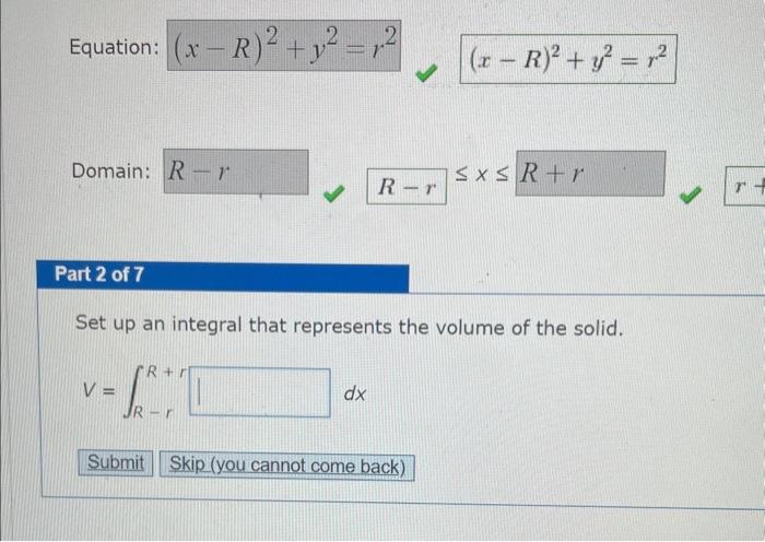 Solved Equation: (x−R)2+y2=r2(x−R)2+y2=r2 Domain: ≤x≤ art 2 | Chegg.com