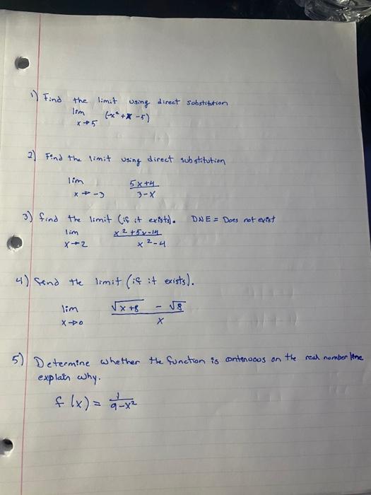 Solved 1) Find the limit using direct substitution Iom x+5 | Chegg.com