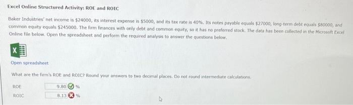 Solved Excel Online Structured Activity: ROE and ROIC Baker | Chegg.com