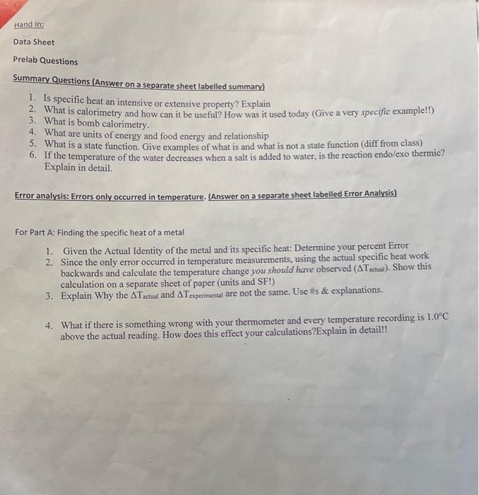 Solved Hand in: Data Sheet Prelab Questions Summary | Chegg.com