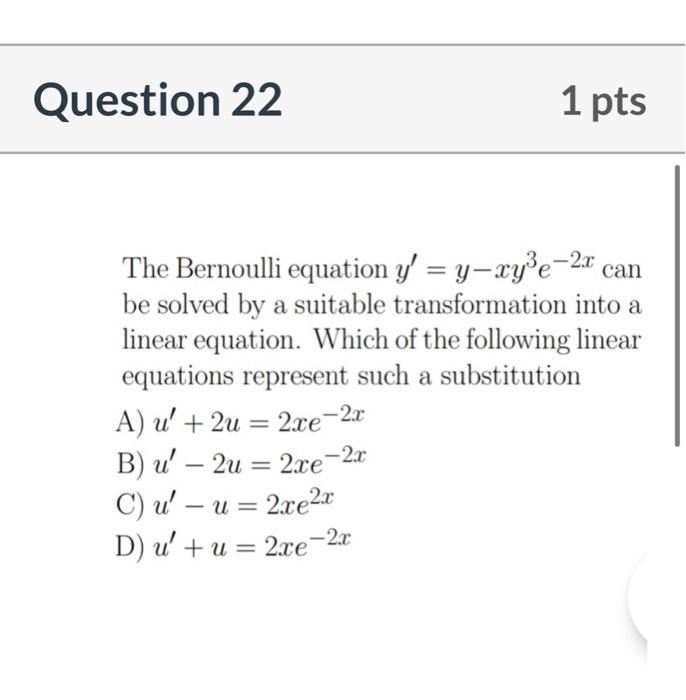 Solved Question 21 1 pts If y' = e-24 and y (5) = 0, then | Chegg.com Solved Question 21 1 pts If y' = e-24 and y (5) = 0, then | Chegg.com