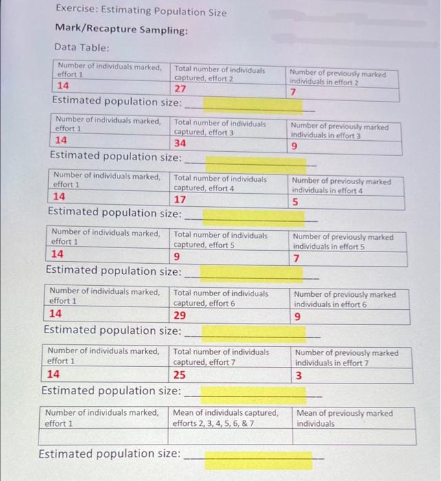 Solved Exercise: Estimating Population Size Mark/Recapture | Chegg.com