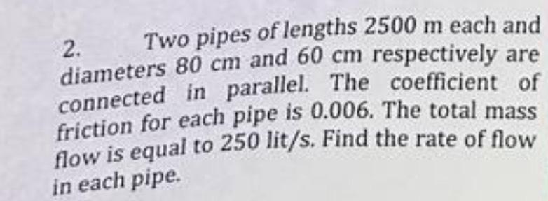 Solved Two pipes of lengths 2500m ﻿each and diameters 80cm | Chegg.com